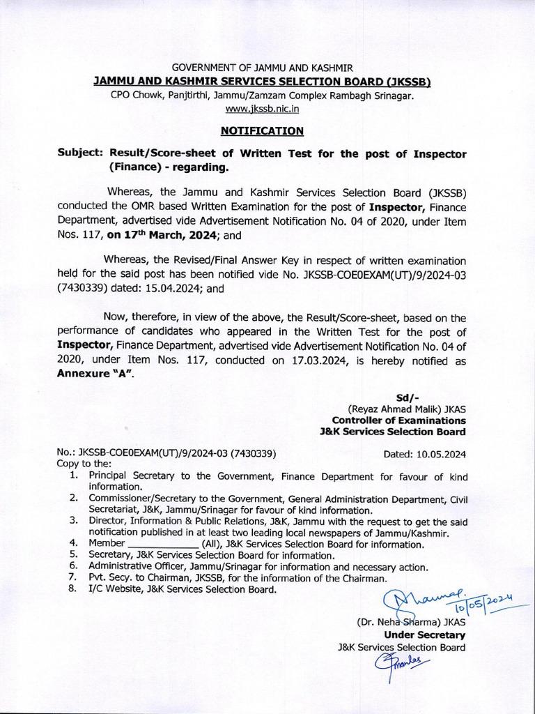 Result Finance Inspector 1 10052024 | PDF