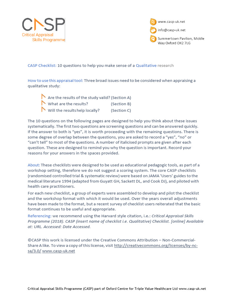CASP Qualitative Research Checklist | PDF | Systematic Review | Inquiry