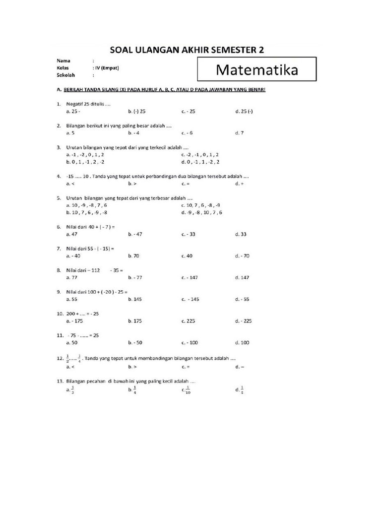 Soal Uas MTK Kelas 4 | PDF