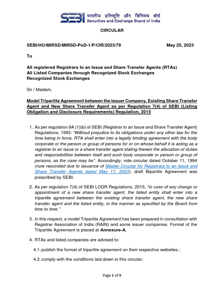 Master Circular For Registrars To An Issue and Share Transfer Agents Dated May 17, 2023 | PDF ...