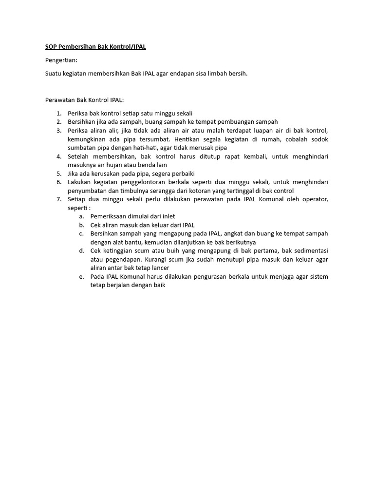 SOP Pembersihan Bak Kontrol (IPAL) | PDF