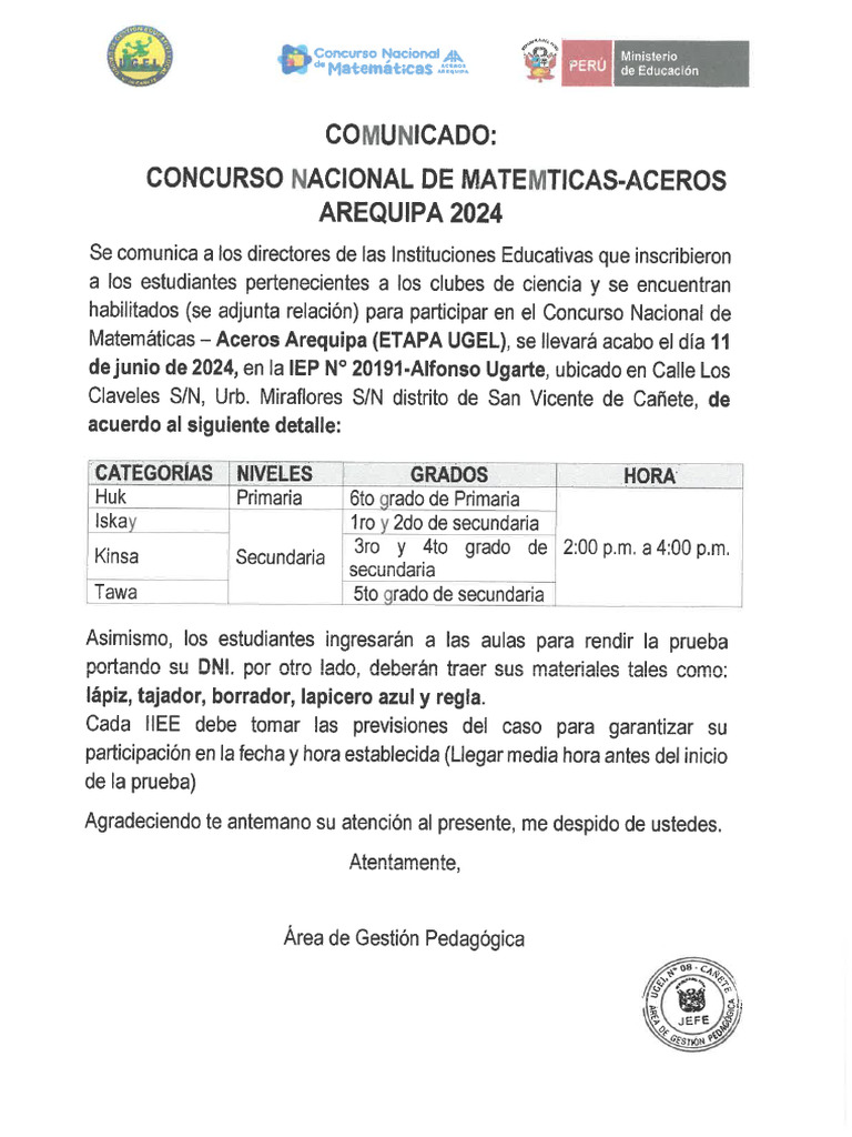 COMUNICADO_CONCURSO NACIONAL DE MATEMATICAS_ACEROS AREQUIPA-2024 | PDF