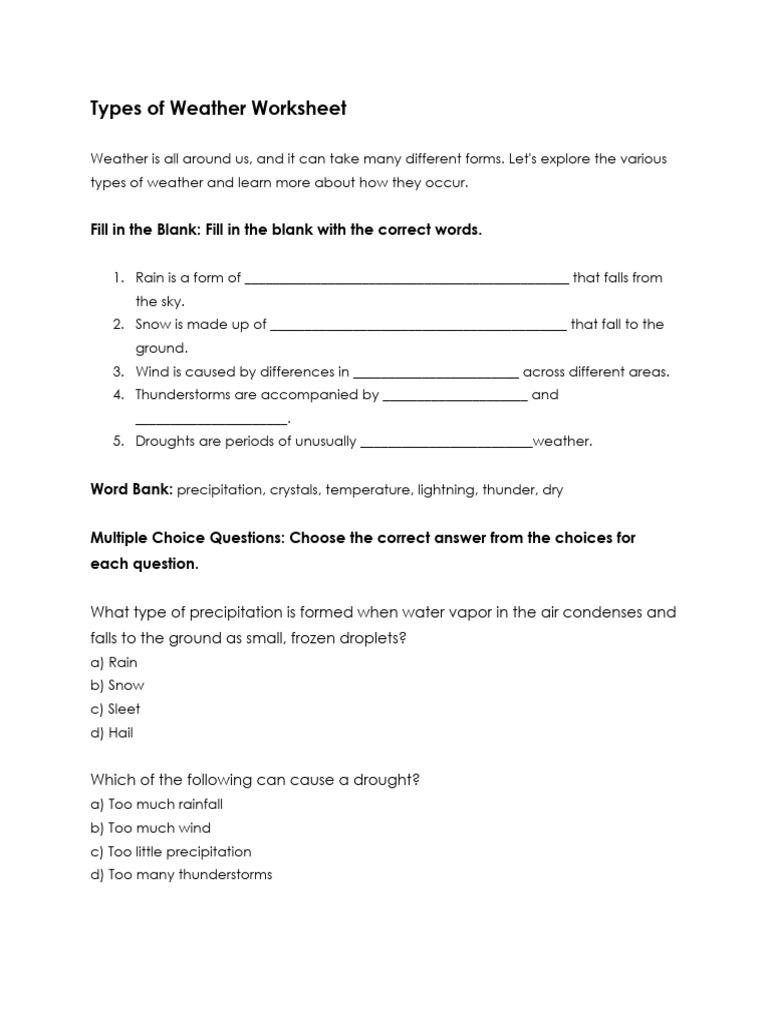 Types of Weather and Precipitation Worksheet | PDF | Precipitation | Rain
