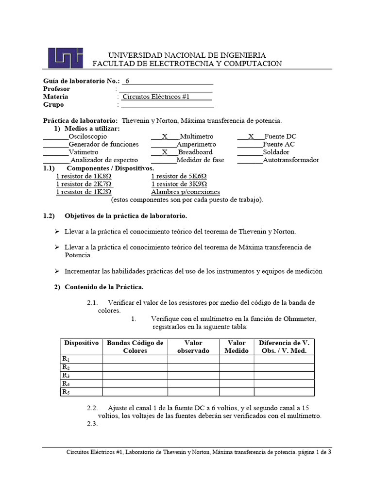 Lab No.6 CElectricos I (Thevenin y Norton, Maxima Transferencia de Potencia) - 2019 | PDF ...