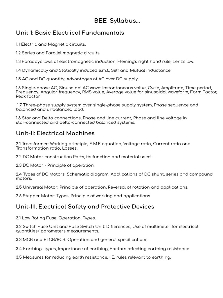 BEE - Syllabus: ... Unit 1: Basic Electrical Fundamentals | PDF | Electric Motor | Alternating ...