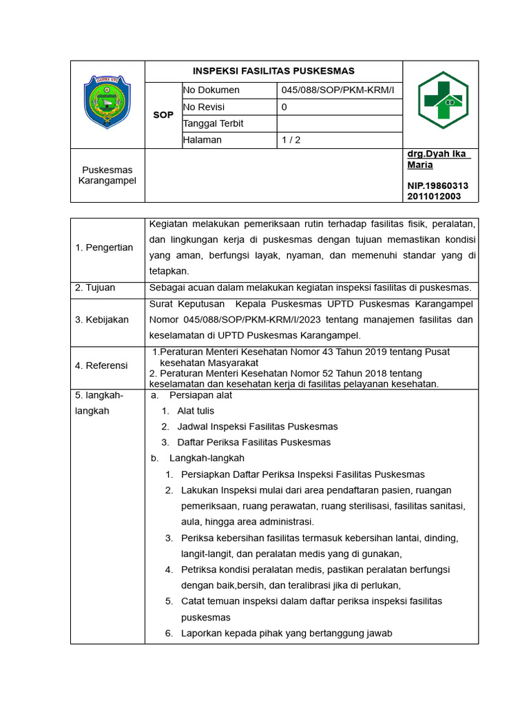Sop Inspeksi Fasilitas PKM | PDF
