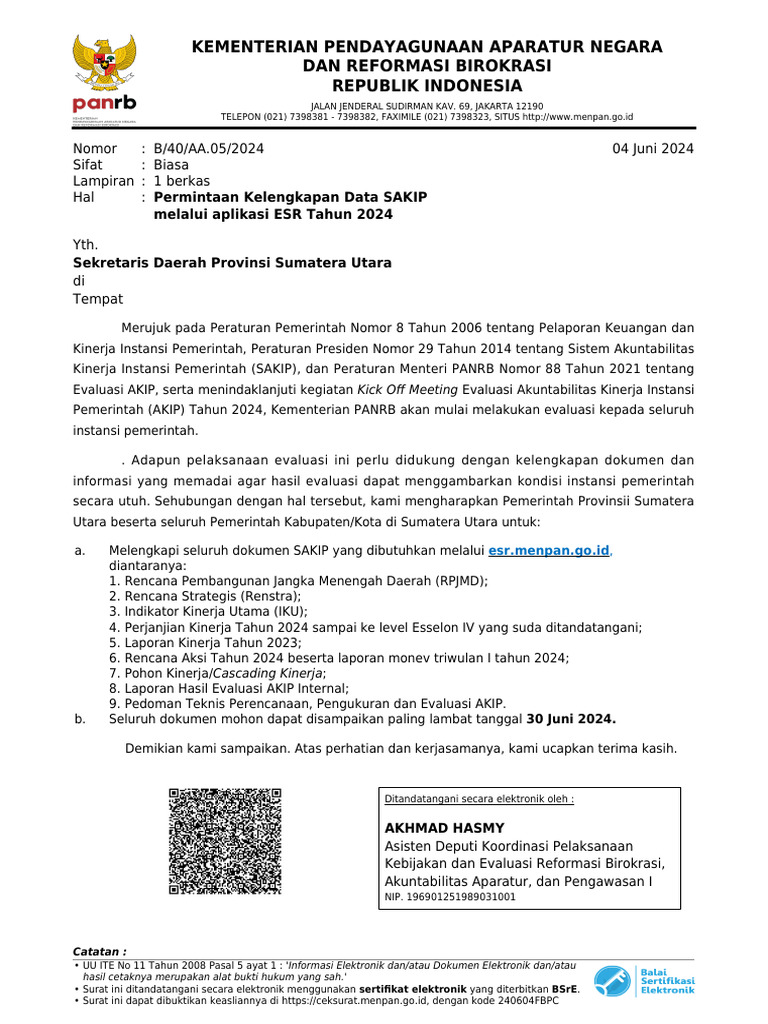 Surat Permohonan Data Esr - Prov Sumut 2024 | PDF