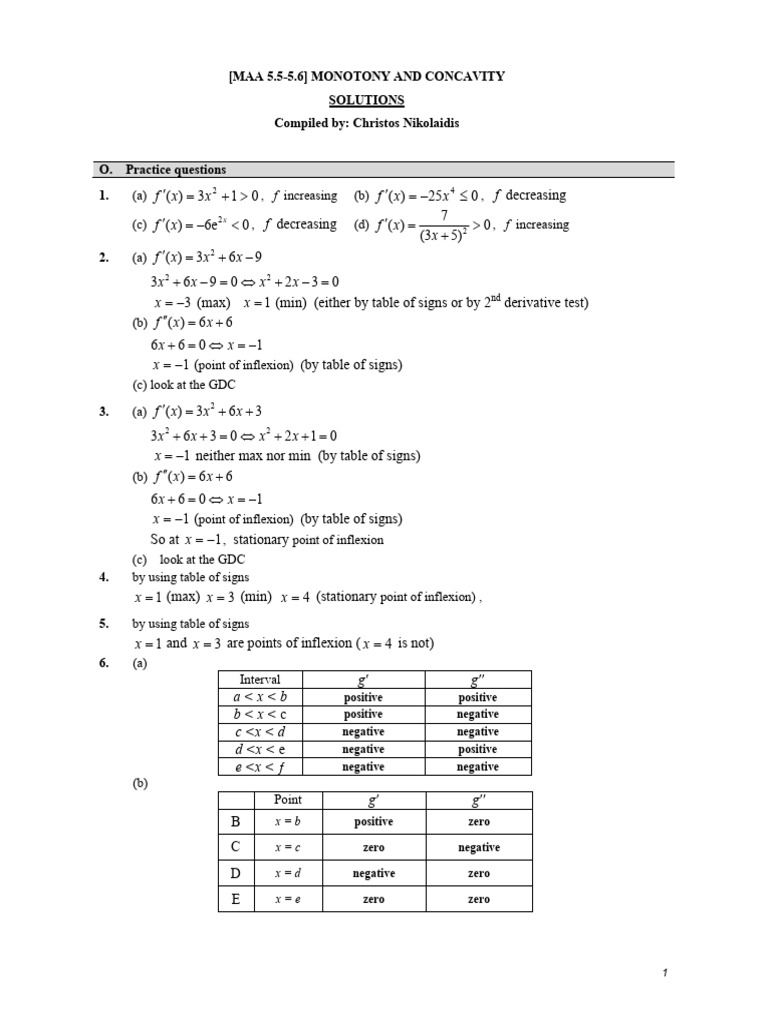 (Maa 5.5-5.6) Monotony and Concavity - Solutions | PDF | Mathematical Objects | Subtraction