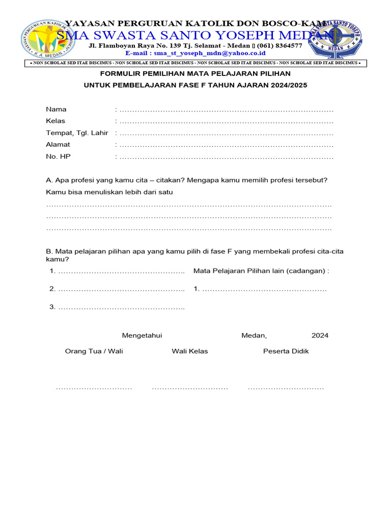 Formulir Pemilihan Mata Pelajaran Pilihan | PDF