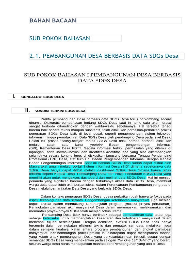 SUB POKOK BAHASAN I PEMBANGUNAN DESA BERBASIS DATA SDGS DESA | PDF