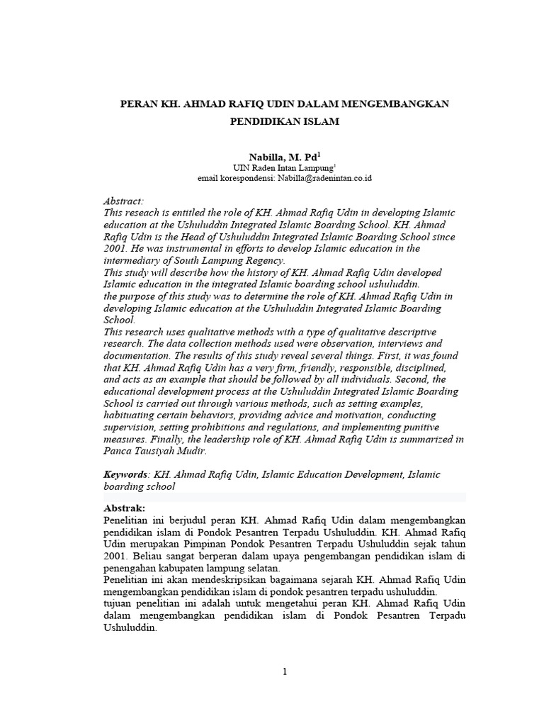 PERAN KH. AHMAD RAFIQ UDIN DALAM MENGEMBANGKAN PENDIDIKAN ISLAM - NABILLA, M.PD. Dosen | PDF