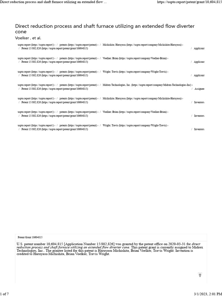 Direct Reduction Process and Shaft Furnace Utilizing An Extended Flow Diverter Cone Patent Grant ...