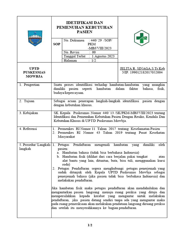 3.1.1.1 Sop Identifikasi Dan Pemenuhan Kebutuhan Pasien | PDF