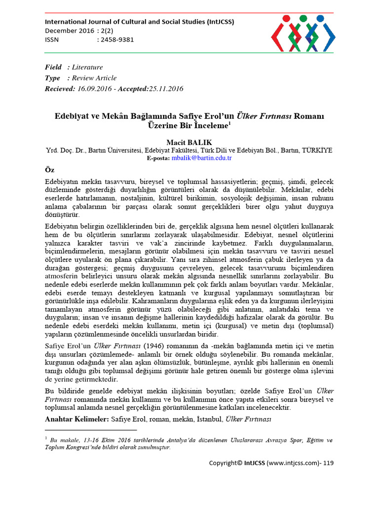 Edebiyat Ve Mek - N Ba - Lam - Nda Safiye Erol - Un - Lker F - RT - Nas - Roman - Zerine Bir ...