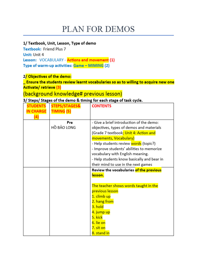 Plan For Demos | PDF | Vocabulary | Cognitive Psychology