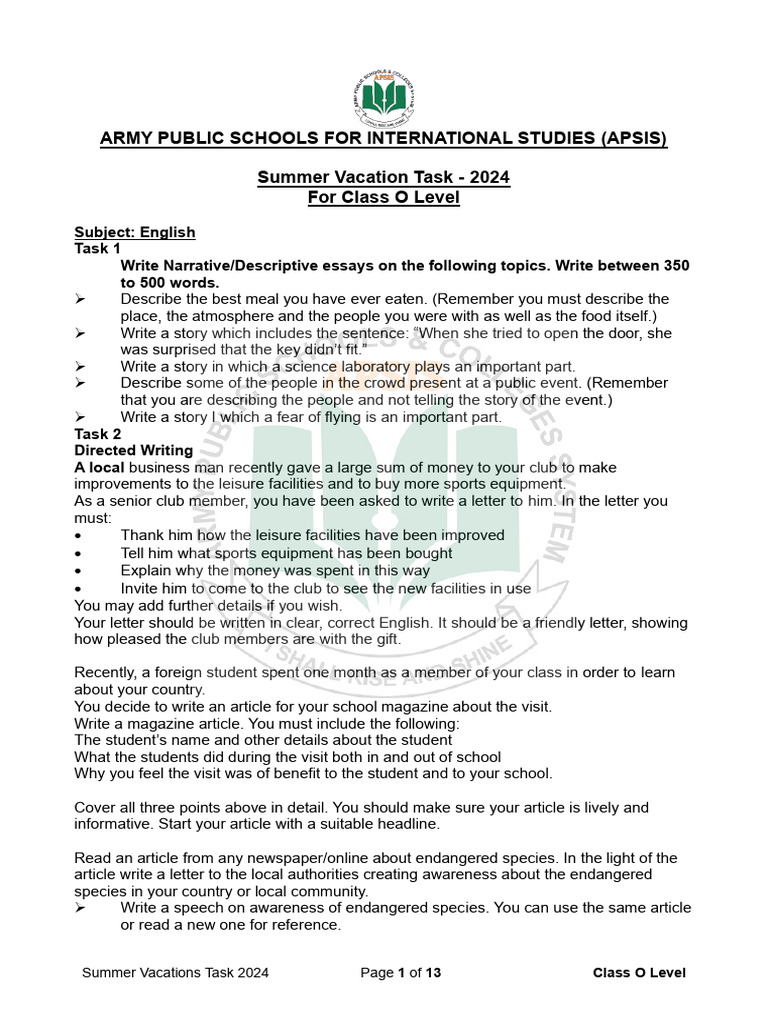 Class O Level - Summer Vacations Task - 2024 | PDF | Area | Force