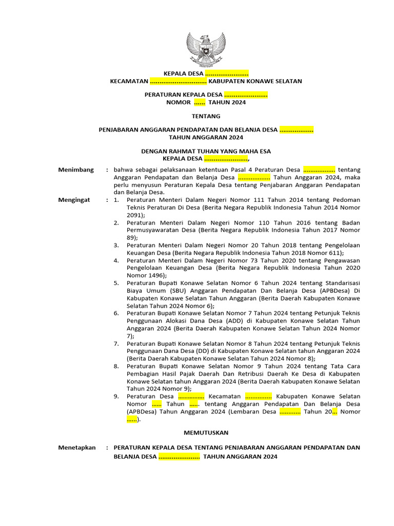 Konsideran Perkades Penjabaran Apbdesa THN 2024 | PDF | Griya & Taman