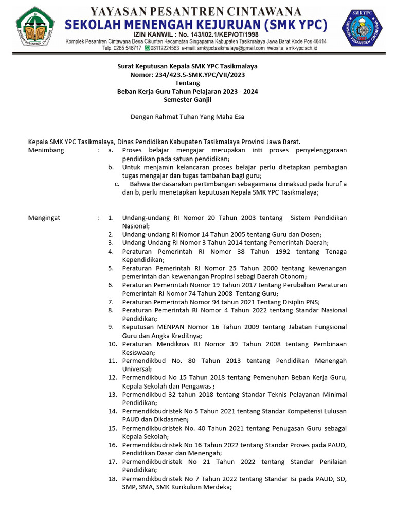 SK Beban Mengajar 2023-2024 Ganjil | PDF