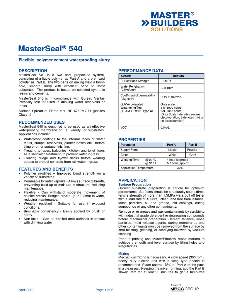 TDS MasterSeal 540 (Waterproofing Chemical) | PDF | Polymers | Cement
