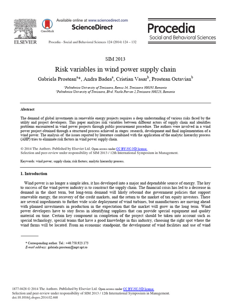 Risk Variables in Wind Power Supply - 2014 - Procedia - Social and ...