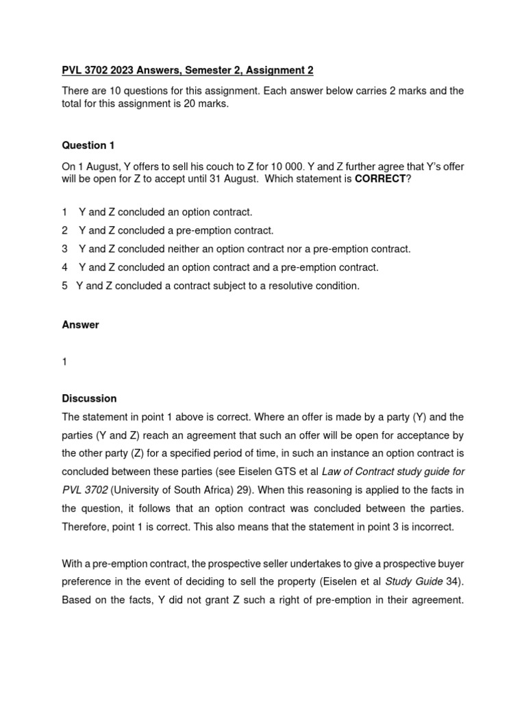 2023 Sem 2 Assign 2 PVL 3702 Answers | PDF | Contract Law | Legal Concepts
