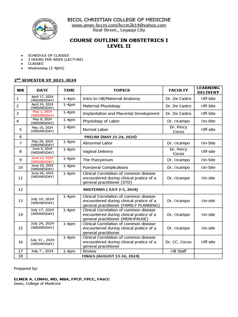 OB 1 Course Outline 2023 Feb Batch | PDF | Childbirth | Public Health