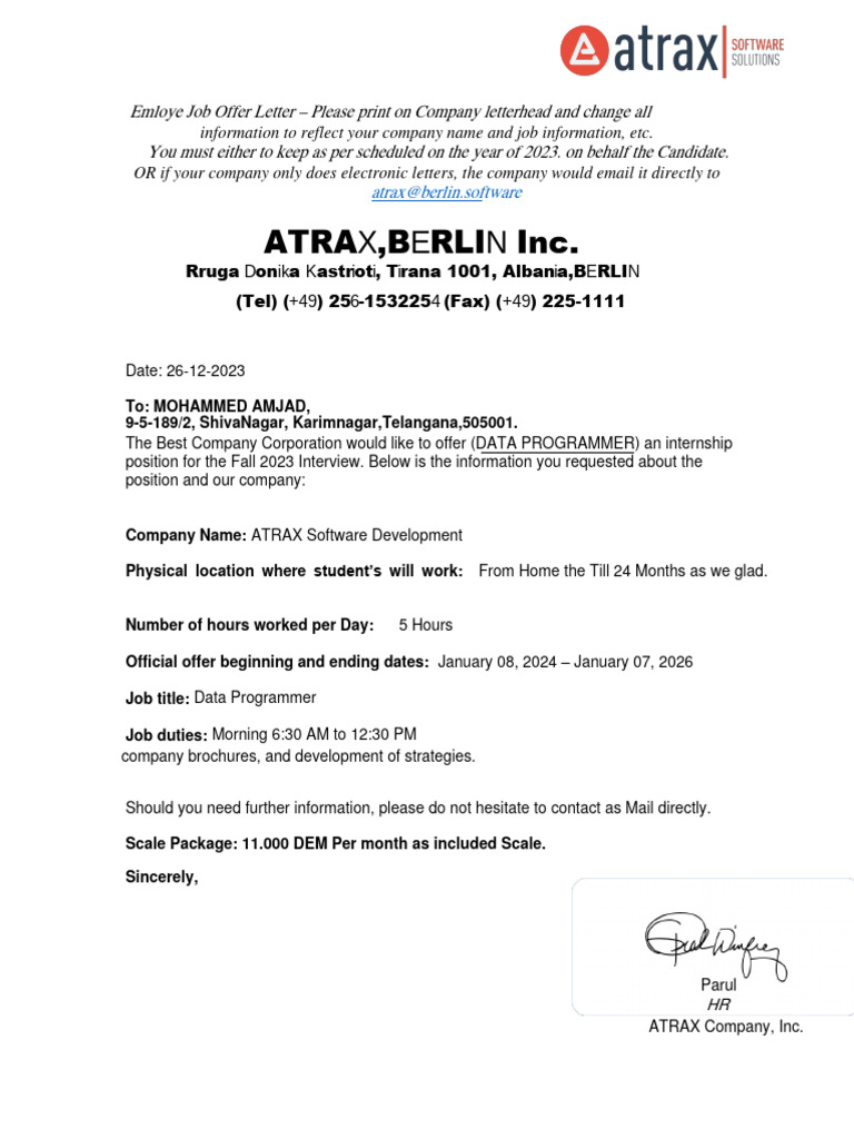 Greece Job Offer Letter Sample | PDF