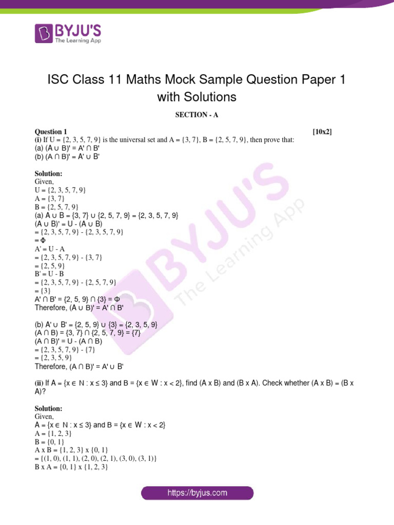 Isc Class 11 Maths Mock Question Paper With Solution 1 | PDF | Circle ...