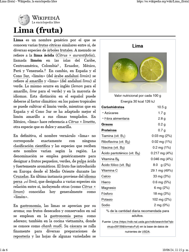 Lima (Fruta) - Wikipedia, La Enciclopedia Libre | PDF | Fruta lima) | Fruta
