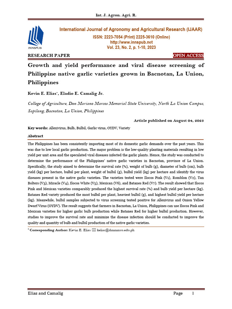 Growth and Yield Performance and Viral Disease Screening of Philippine ...