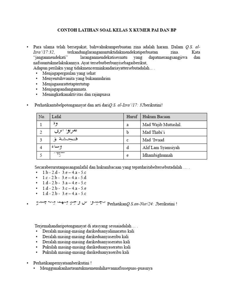 Contoh Latihan Soal Kelas X Kumer Pai Dan BP | PDF | Agama & Spiritualitas