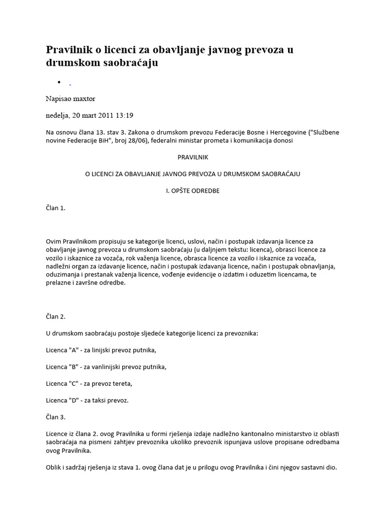 Pravilnik o Licenci Za Obavljanje Javnog Prevoza U Drumskom Saobraćaju | PDF