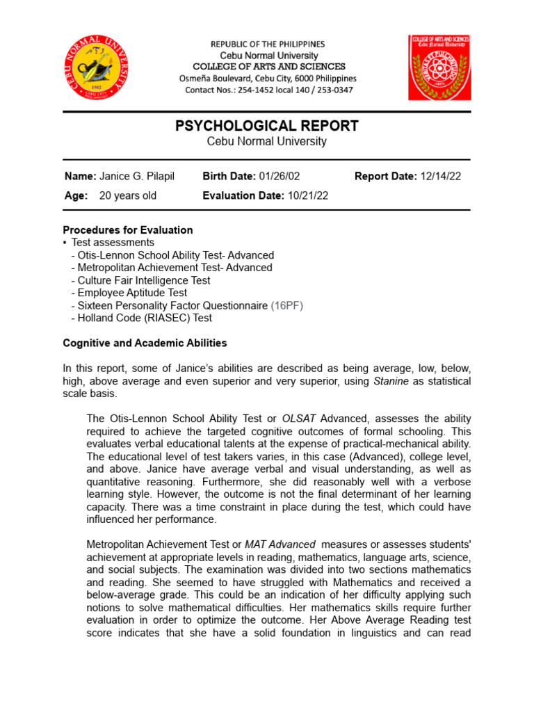 Self Report - Psychological Assessment | PDF | Extraversion And Introversion | Intelligence Quotient