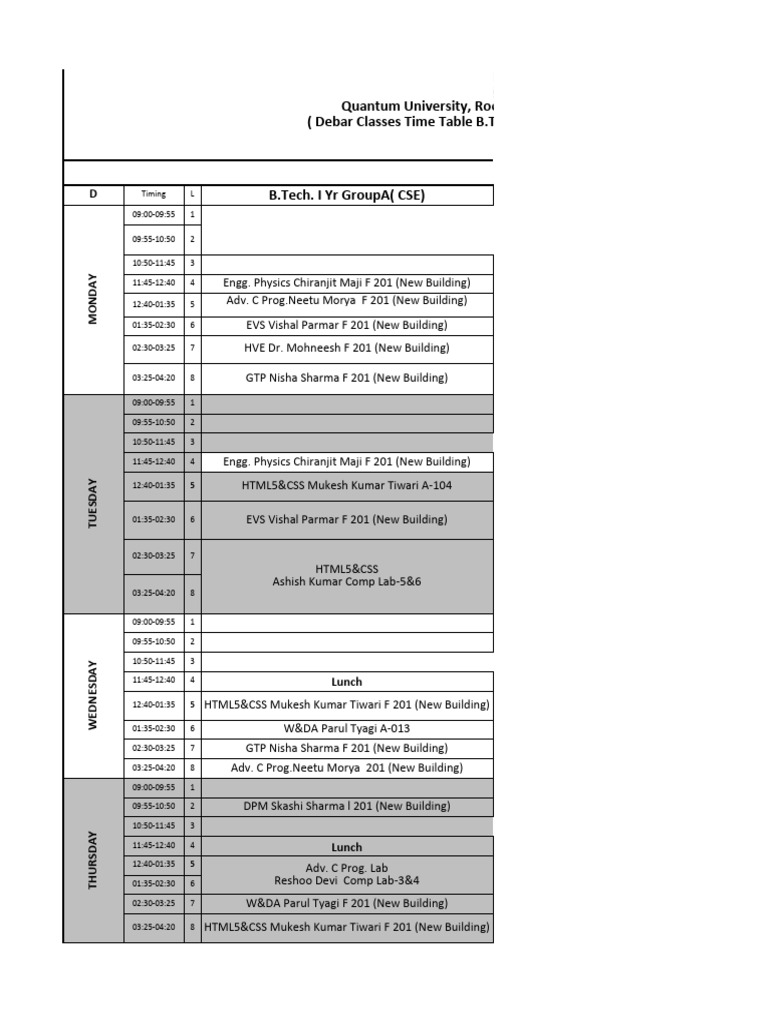 Updated Even Debar Class Students Time Table of B.tech and Diploma Ist ...