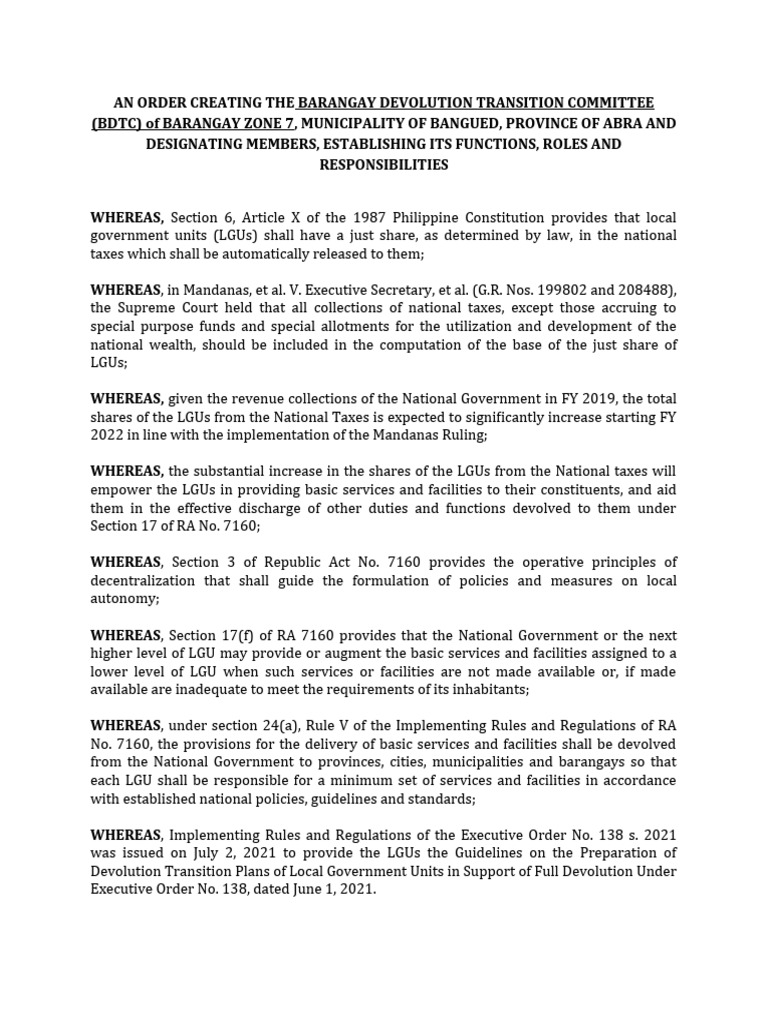 Draft-EO-for-Barangay-Devolution-Transition-Team_Mandanas-1 | PDF ...
