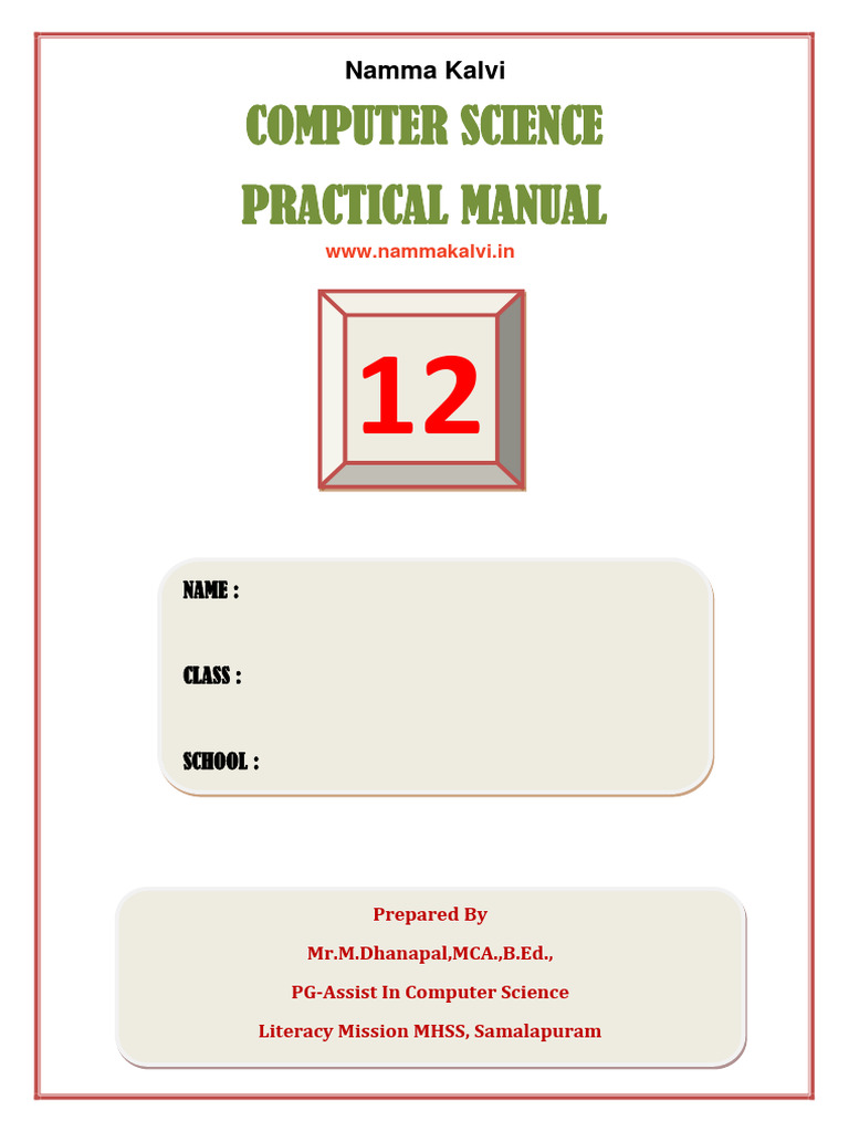 Namma Kalvi 12th Computer Science Practical Manual em Dhanapal | PDF | String (Computer Science ...