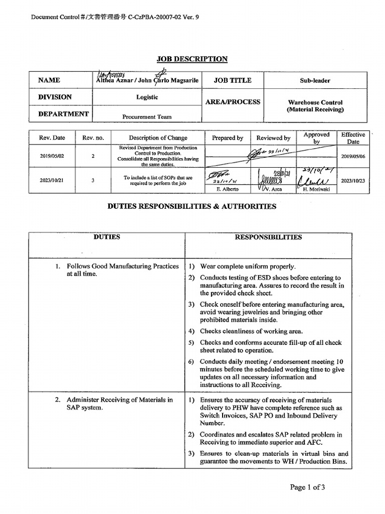 Warehouse Control (Material Receiving) Sub-leader | PDF