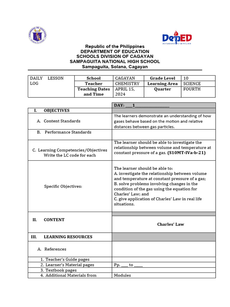 Charles' Law Lesson Plan | PDF | Gases | Learning