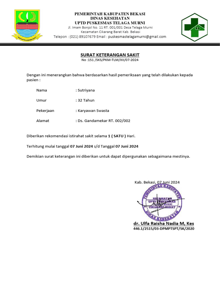 Surat Keterangan Sakit Puskesmas Telaga Murni | PDF