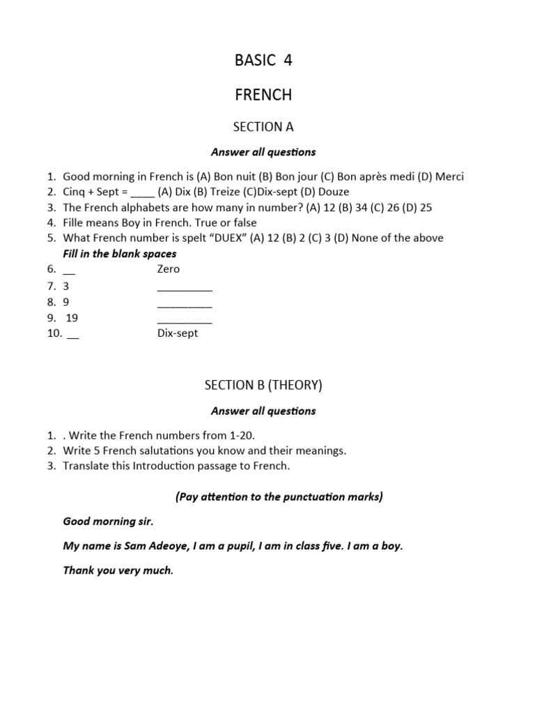 Grade 4 French Exam Questions PDF | PDF