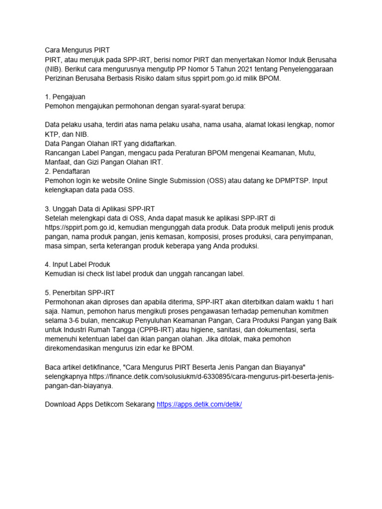 Cara Mengurus PIRT | PDF | Bisnis | Pengelolaan Keuangan & Uang