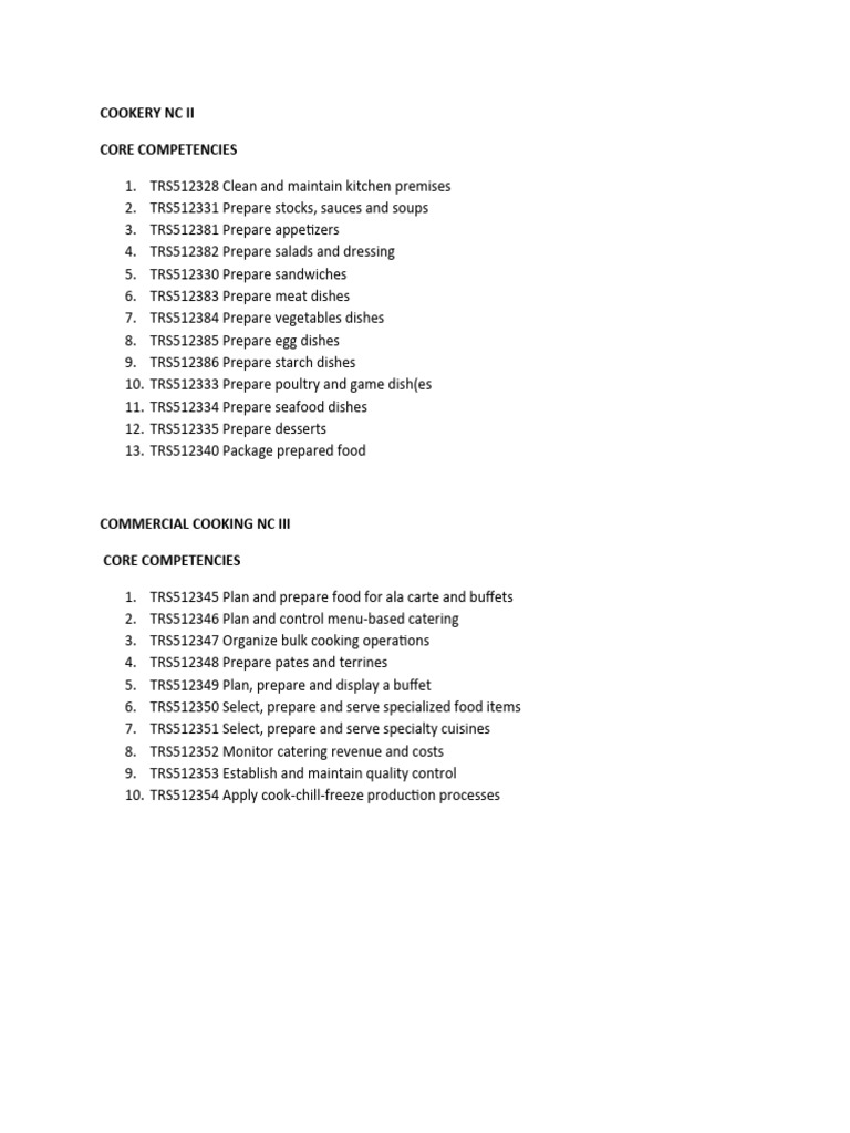 Cookery NC II - Core Competencies | PDF