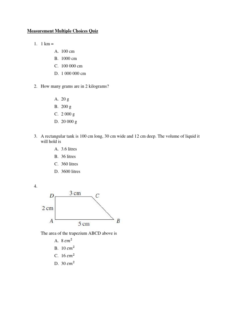 Measurement Multiple Choices Quiz | PDF | Teaching Methods & Materials ...