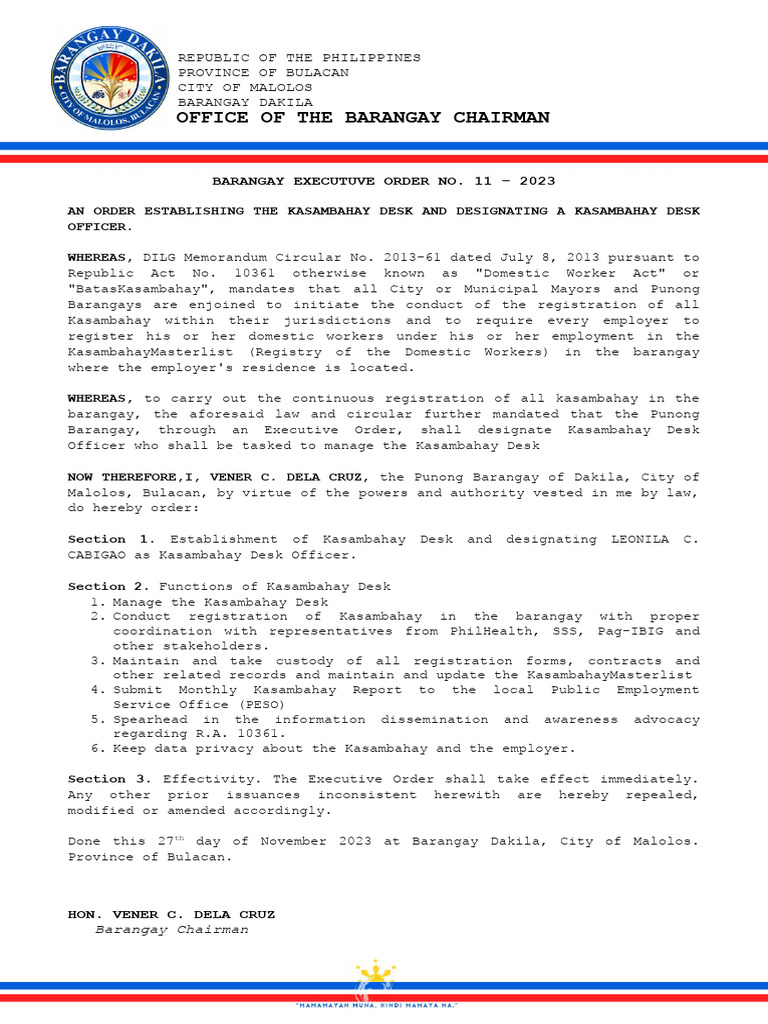 Eo 11 - 2023 Kasambahay Law | PDF