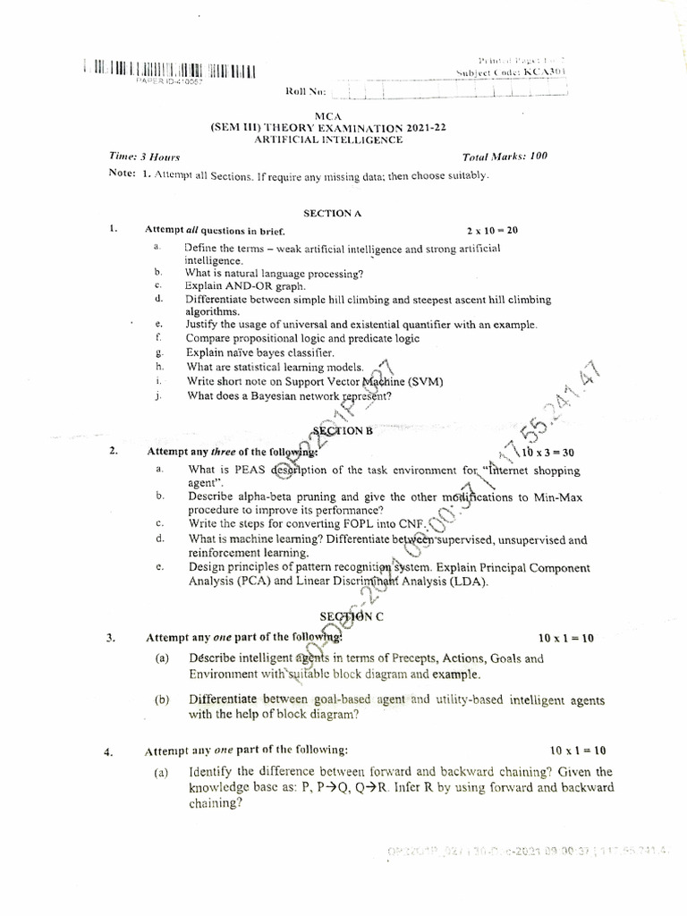 Artificial Intelligence KCA-301-UT QP ODD 21-22 | PDF | Artificial Intelligence | Intelligence ...