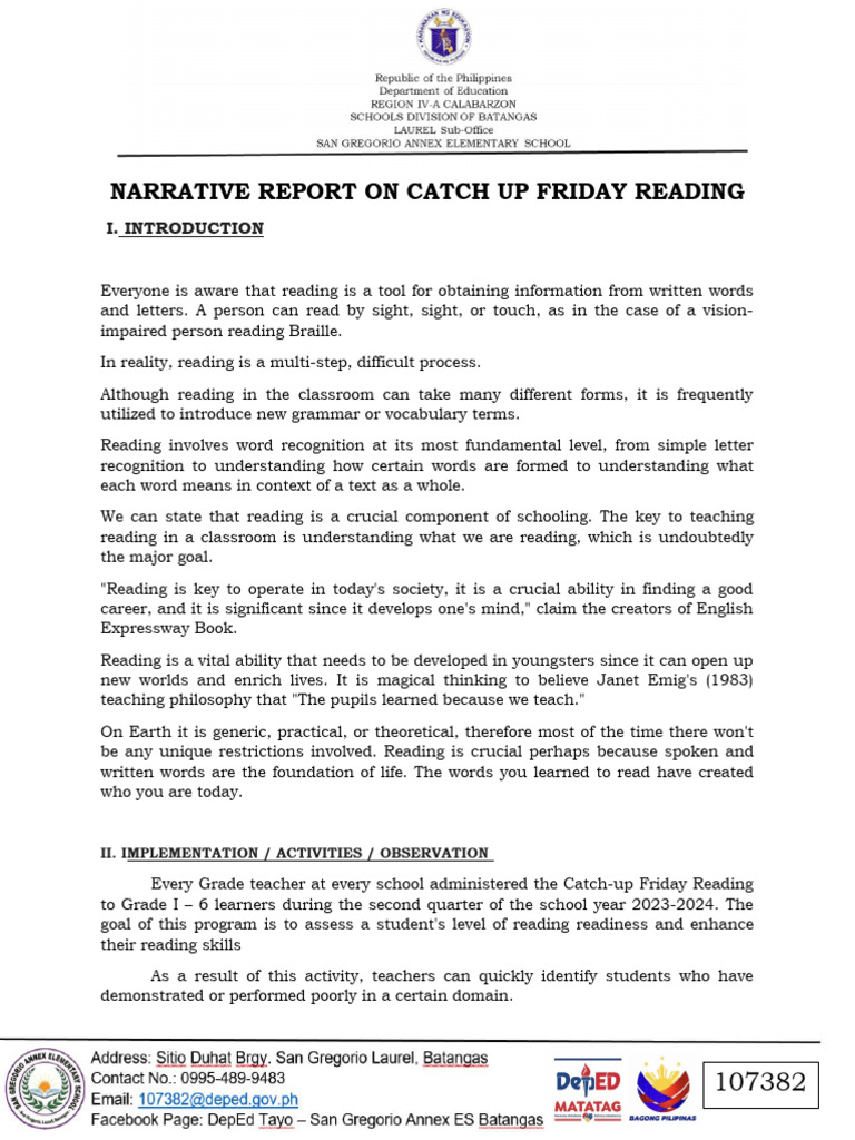 NARRATIVE REPORT ON CATCH UP FRIDAY READING | Download Free PDF | Teachers | Learning