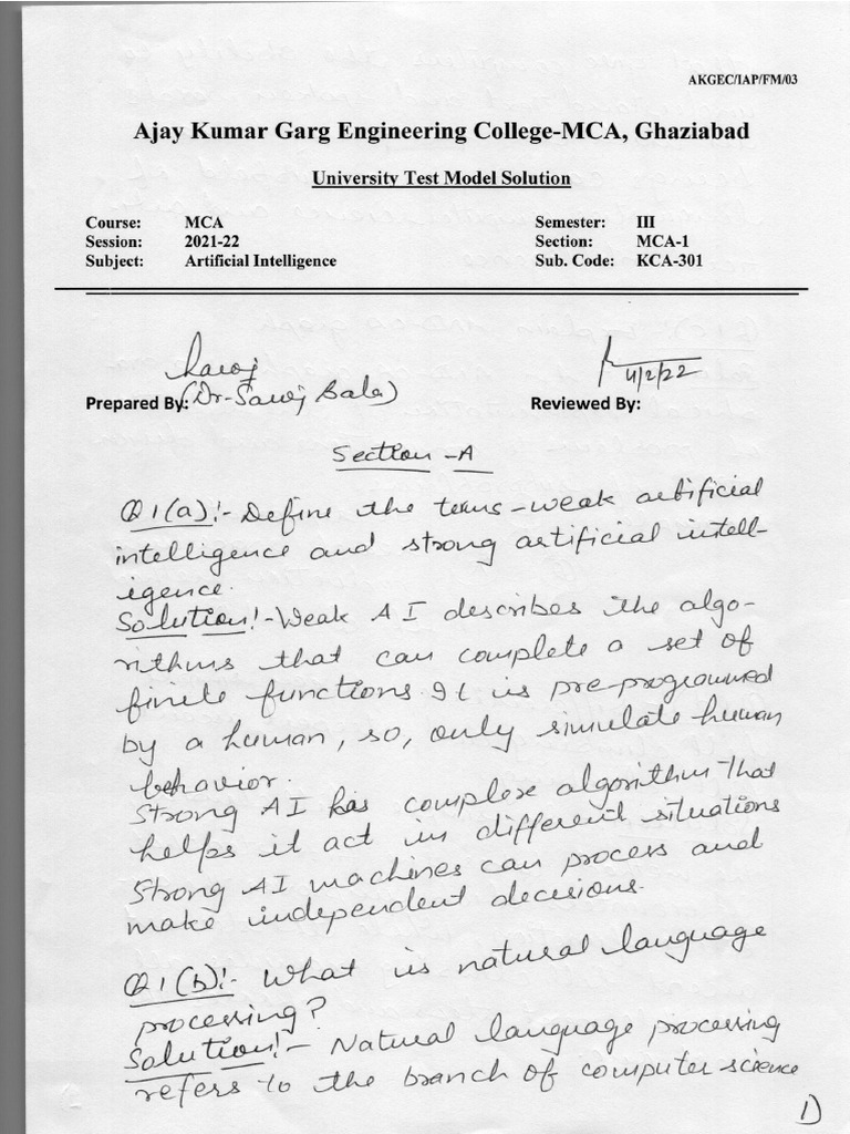 Artificial Intelligence KCA-301-UT Sol ODD 21-22 | PDF