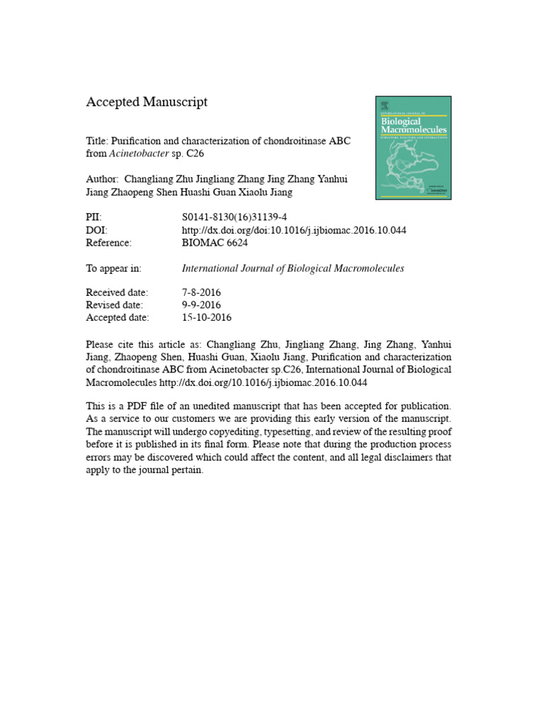 Purification and Characterization of Chondroitinase ABC From ... Purification and Characterization of Chondroitinase ABC From ...