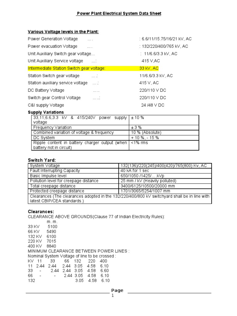 Electrical System Data Sheet | Voltage | Alternating Current