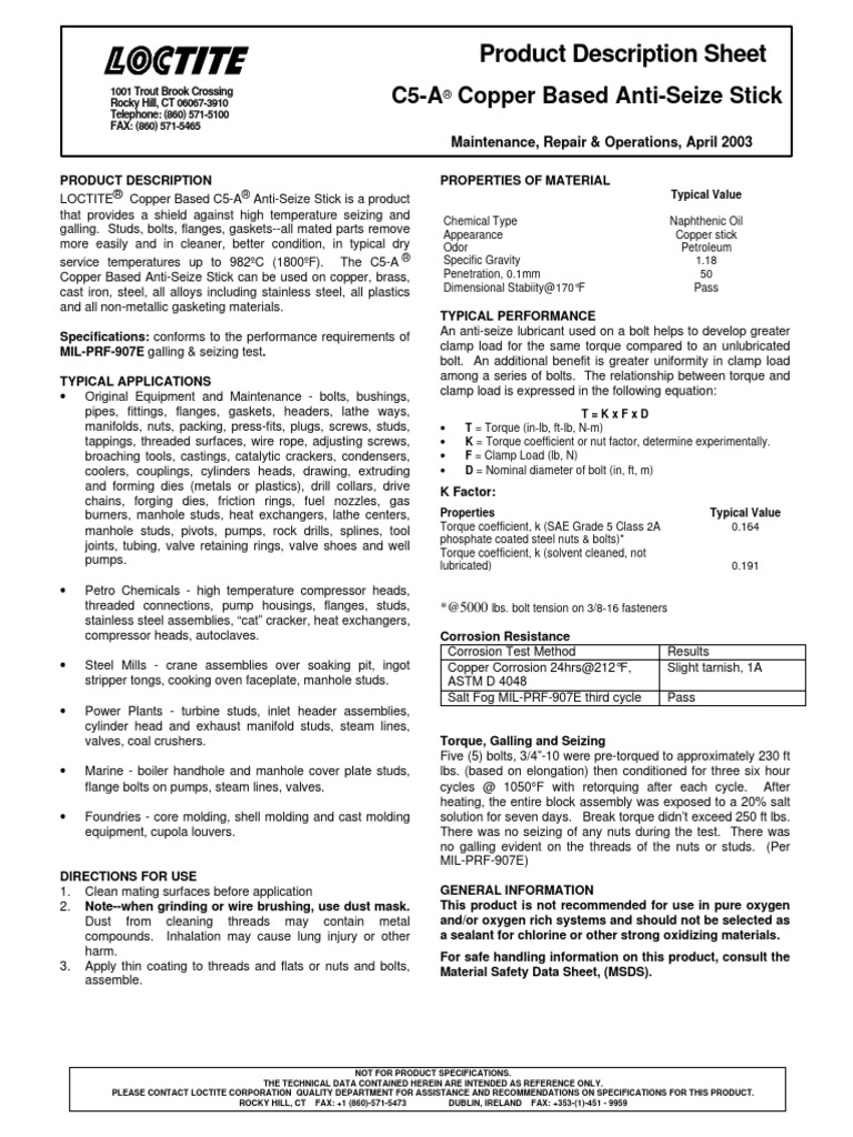 C5-A Copper Based Anti-Seize Stick | PDF | Screw | Mechanical Engineering